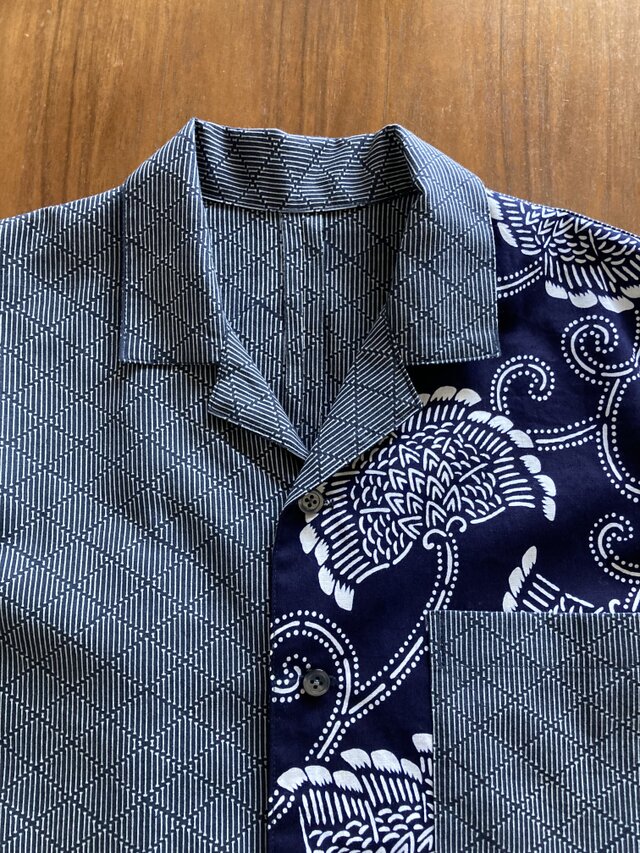 《訳あり20％OFF》浴衣のアロハシャツ パッチワーク 鶏頭 | iichi 日々の暮らしを心地よくするハンドメイドやアンティークのマーケットプレイス