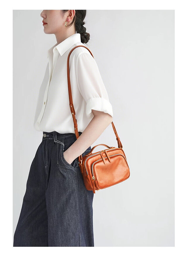 ★2個限りキャンペーン中！★2層ファスナーで仕分け上手 牛革のミニボックスバッグ｜ショルダー・斜めがけ対応 | iichi 日々の暮らしを心地よくするハンドメイドやアンティークのマーケットプレイス