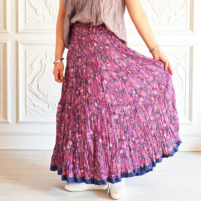 ブロックプリントクリンクルコットンスカート【パープル】 | iichi 日々の暮らしを心地よくするハンドメイドやアンティークのマーケットプレイス