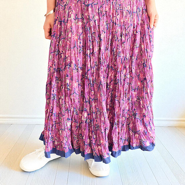 ブロックプリントクリンクルコットンスカート【パープル】 | iichi 日々の暮らしを心地よくするハンドメイドやアンティークのマーケットプレイス