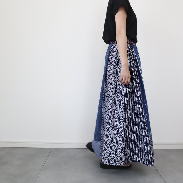 浴衣のタック入りスカート・マキシ丈（パッチワーク・M) | iichi 日々の暮らしを心地よくするハンドメイドやアンティークのマーケットプレイス