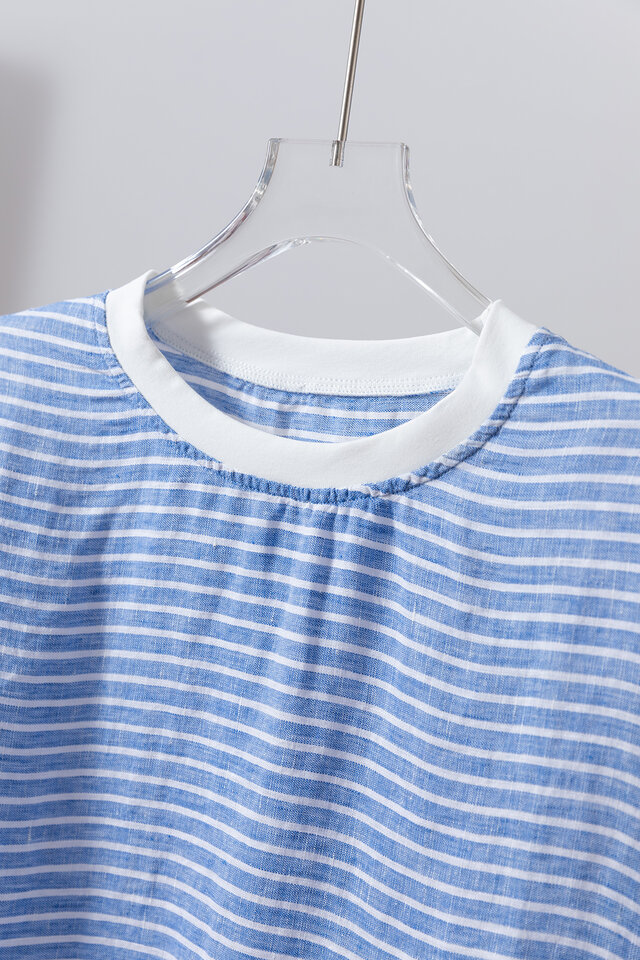 ★サンプルセール 1点のみ★リネンブラウス 半袖ブラウス リブ襟 ボーダーブラウス （01） | iichi 日々の暮らしを心地よくするハンドメイドやアンティークのマーケットプレイス