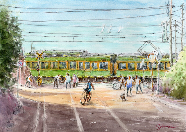 水彩画原画 江ノ電・鎌倉高校前踏切17 ＃682 | iichi 日々の暮らしを心地よくするハンドメイドやアンティークのマーケットプレイス