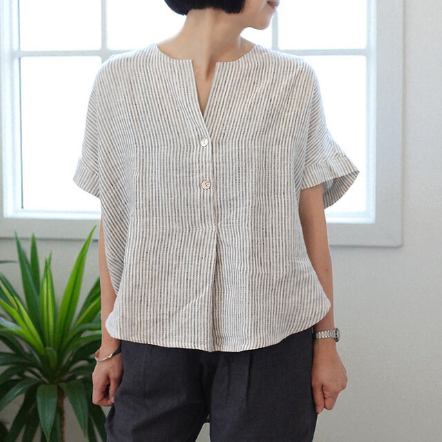 ブリーズリネンアシンメトリーブラウス【ストライプ】 | iichi 日々の暮らしを心地よくするハンドメイドやアンティークのマーケットプレイス