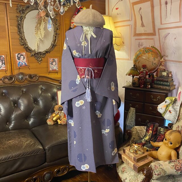 着物リメイク セミロング ワンピース ドレス｜洗える化繊＋名古屋帯サッシュベルト｜和洋折衷 レトロ 古着 KW-1058 | iichi 日々の暮らしを心地よくするハンドメイドやアンティークの ...