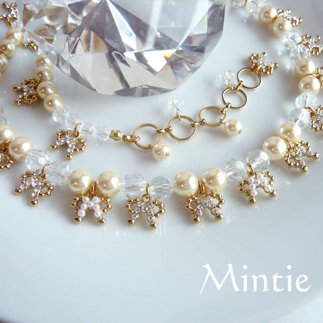 ネックレス オリジナルリボンとパール＆クリスタル(ゴールド) | iichi 日々の暮らしを心地よくするハンドメイドやアンティークのマーケットプレイス