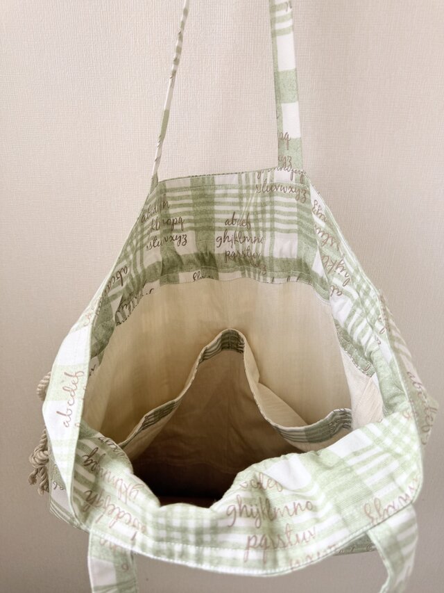 巾着型ビッグトートバッグ（グリーンチェック） | iichi 日々の暮らしを心地よくするハンドメイドやアンティークのマーケットプレイス