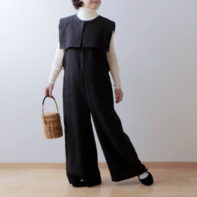スクエア衿付きリネンオールインワン/ブラック | iichi 日々の暮らしを心地よくするハンドメイドやアンティークのマーケットプレイス