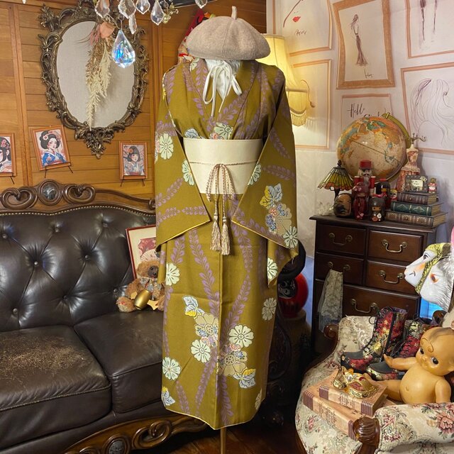 着物リメイクワンピース セミロング｜洗える化繊素材＆名古屋帯ベルト 藤色の葉蔓がすっと縦に流れる KW-1071 | iichi 日々の暮らしを心地よくするハンドメイドやアンティークの ...