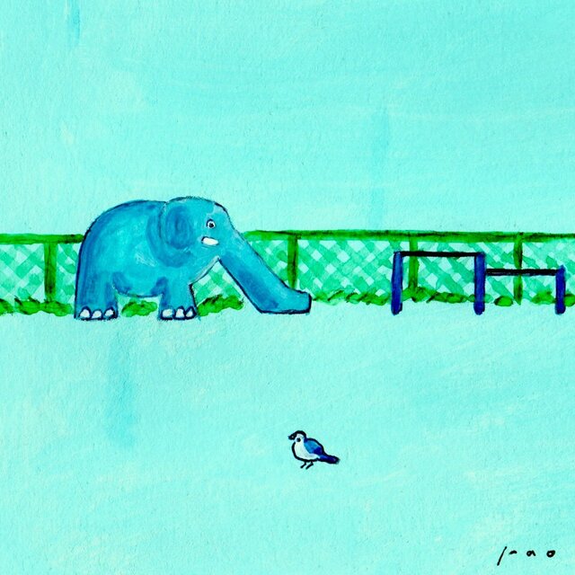 風景画「青い象のいる広場3」原画 水彩 イラスト ※木製額縁入り(18×18㎝） | iichi 日々の暮らしを心地よくするハンドメイドやアンティークのマーケットプレイス