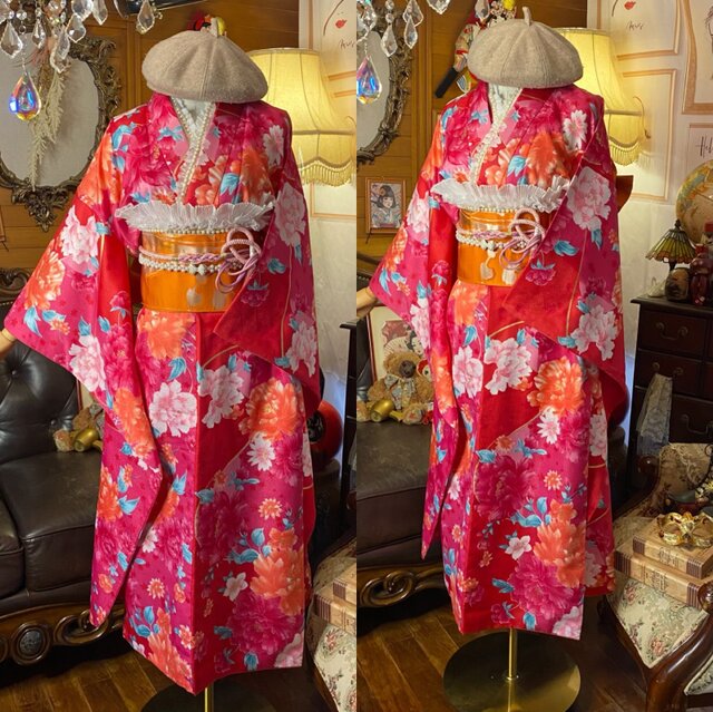 振袖 着物 ロングワンピース ドレス 2部式ローズ/バラ作り帯 リメイク 洗える 化繊 襟 帯揚げ 和洋折衷 FKW-29 | iichi 日々の暮らしを心地よくするハンドメイドやアンティーク ...