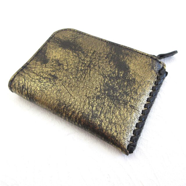 しっかり収納♪《牛革》ゴールド×ブラック・シュリンク・L字ファスナー・コインケース・0511 | iichi 日々の暮らしを心地よくするハンドメイドやアンティークのマーケットプレイス