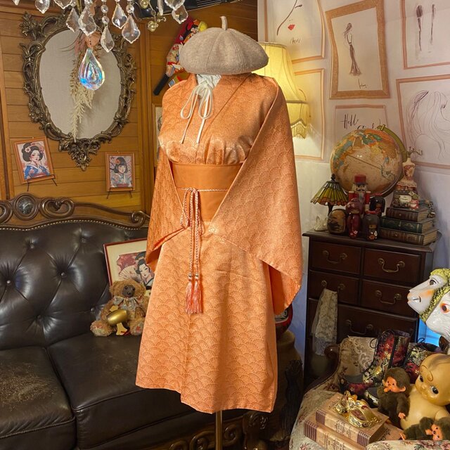 着物リメイクワンピース ドレス ミニミディ 洗える化繊 + 帯サッシュベルト 和洋折衷 KW‑1097 | iichi 日々の暮らしを心地よくするハンドメイドやアンティークのマーケットプレイス