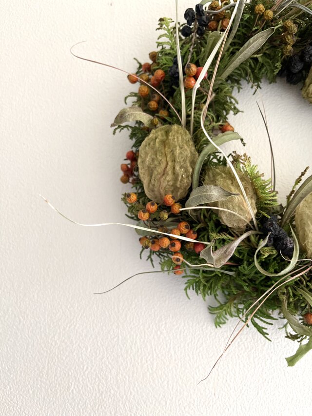 風船トウワタと野薔薇の実のリース | iichi 日々の暮らしを心地よくするハンドメイドやアンティークのマーケットプレイス