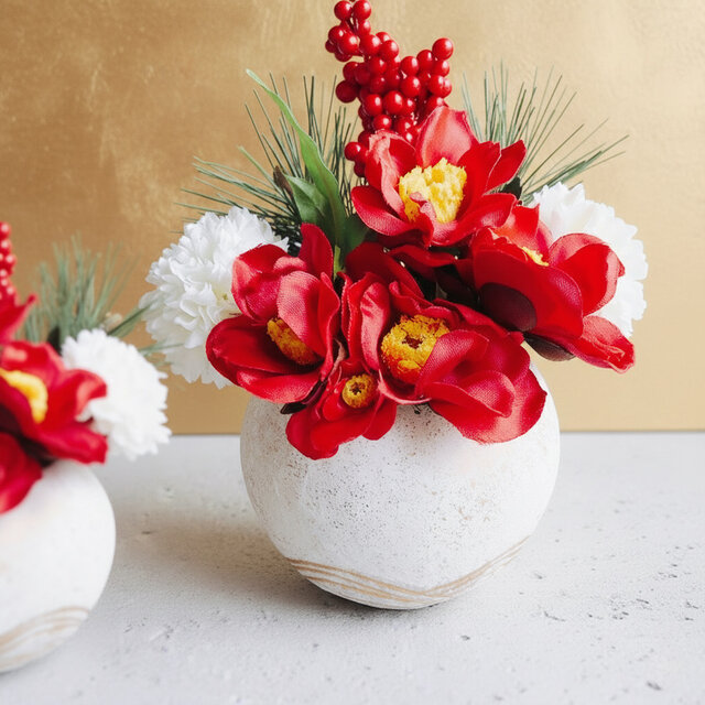 【2026】寒椿と菊の和風ポット お正月 しめ飾り しめ縄 フラワーアレンジ インテリアフラワーのコピー | iichi 日々の暮らしを心地よくするハンドメイドやアンティークのマーケットプレイス