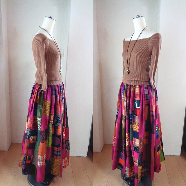 sold 絵画なパッチワーク♥Heart♥マゼンタピンク♥ボリュームギャザースカート | iichi 日々の暮らしを心地よくするハンドメイドやアンティークのマーケットプレイス