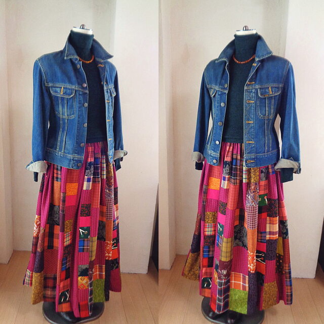 sold 絵画なパッチワーク♥Heart♥マゼンタピンク♥ボリュームギャザースカート | iichi 日々の暮らしを心地よくするハンドメイドやアンティークのマーケットプレイス