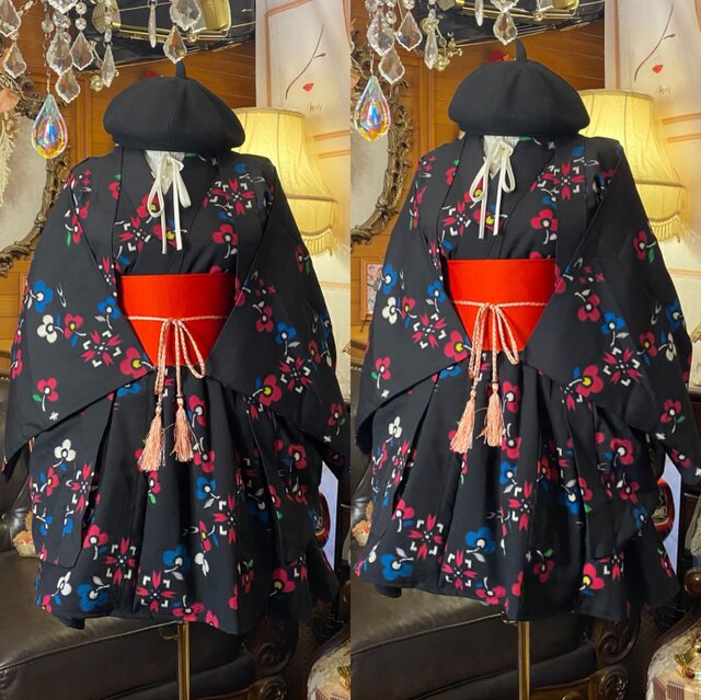 和洋折衷アンサンブル着物リメイクワンピース 帯サッシュベルト付き フリーサイズ ネイビー・三原色花紋 MKW-60 | iichi 日々の暮らしを心地よくするハンドメイドやアンティークの ...