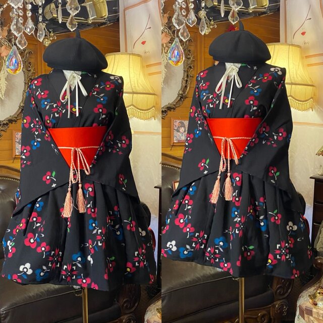 和洋折衷アンサンブル着物リメイクワンピース 帯サッシュベルト付き フリーサイズ ネイビー・三原色花紋 MKW-60 | iichi 日々の暮らしを心地よくするハンドメイドやアンティークの ...