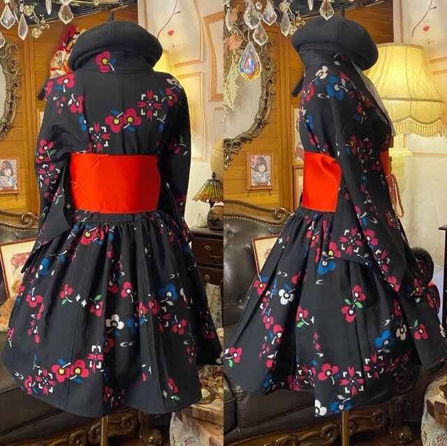 和洋折衷アンサンブル着物リメイクワンピース 帯サッシュベルト付き フリーサイズ ネイビー・三原色花紋 MKW-60 | iichi 日々の暮らしを心地よくするハンドメイドやアンティークの ...