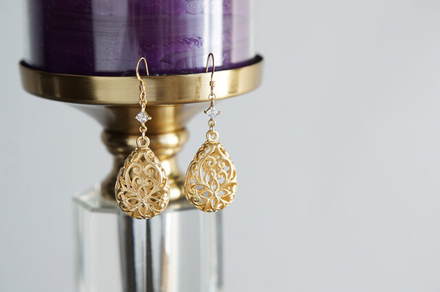 【14KGF】Earrings, Matt Gold Floral Teardrop Filigree | iichi ハンドメイド・クラフト作品・手仕事品の通販