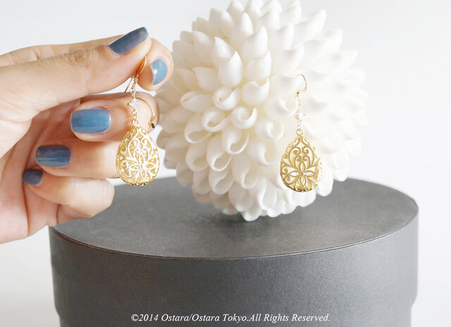 【14KGF】Earrings, Matt Gold Floral Teardrop Filigree | iichi ハンドメイド・クラフト作品・手仕事品の通販