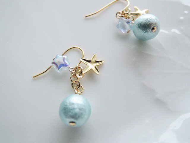 ☆限定☆コットンパール×スターフィッシュピアス☆ （289） | iichi 日々の暮らしを心地よくするハンドメイドやアンティークのマーケットプレイス