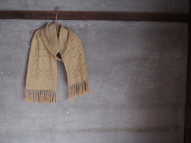 手織り/cottonMuffler 緑黄織ノ波、透かし (+orimi) | iichi ハンドメイド・クラフト作品・手仕事品の通販