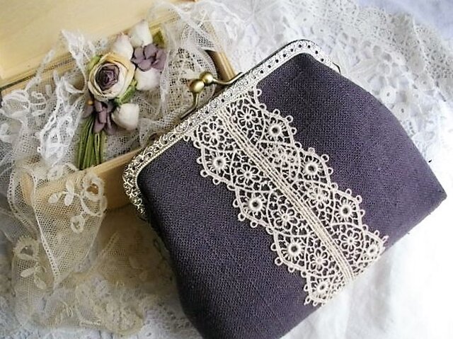 アンティークレース＆パープルリネンがま口角12 | ランジュ | ハンドメイド通販 iichi（いいち）